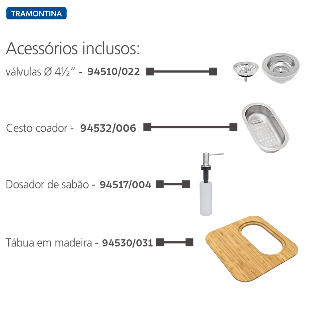 Cuba Tramontina Dora 70 BL 70x40 Com Acessórios Embutir Inox