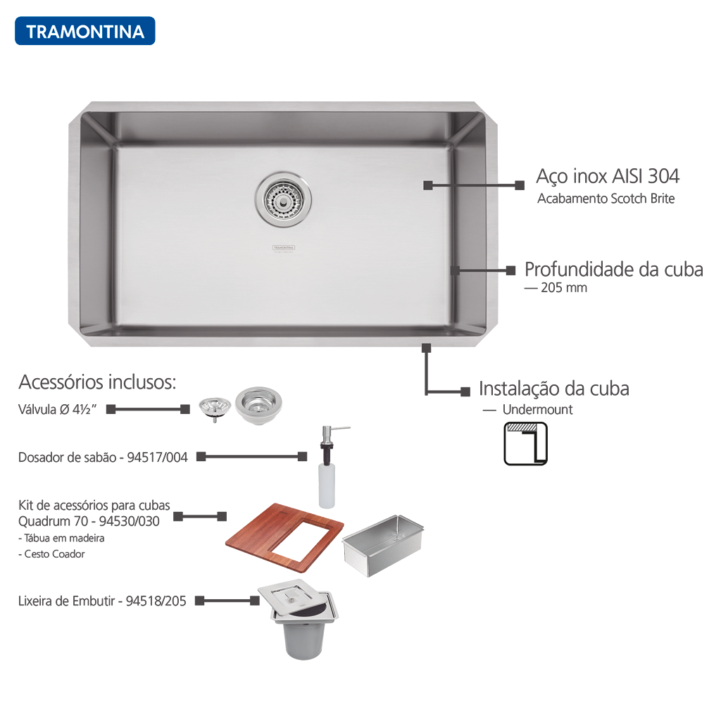Cuba Tramontina Quadrum 70x40 Aço Inox Com Acessórios e Lixeira