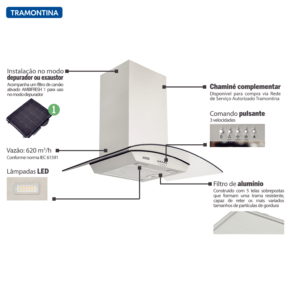 Coifa de Parede Tramontina New Vetro 90cm Aço Inox e Vidro Temperado 220V