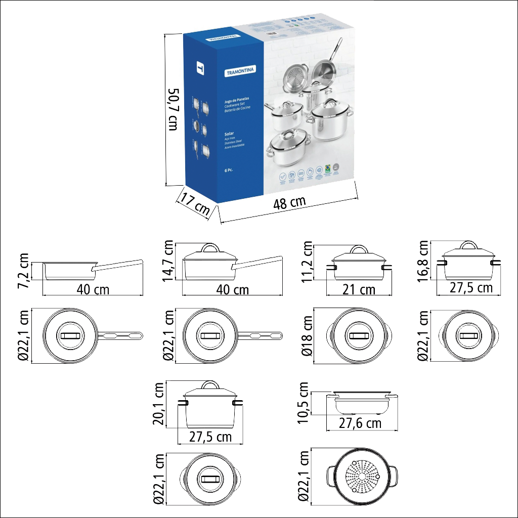 Jogo de Panelas Tramontina Solar Inox Fundo Triplo 6 Peças